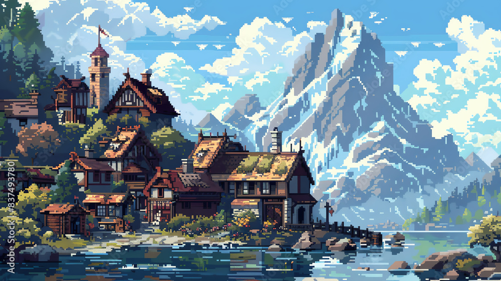 Pixel art fantasy landscape, medieval village, pixelated characters ...