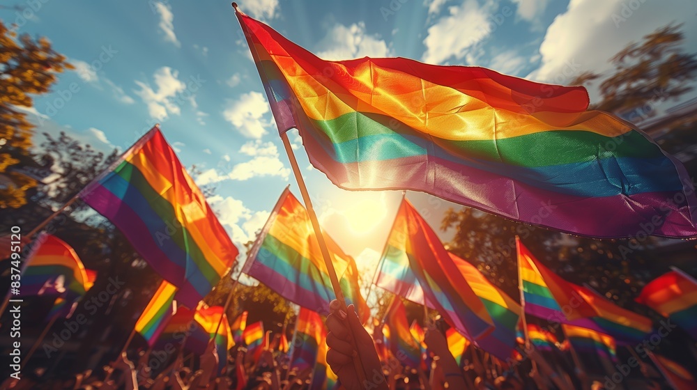 Waving Rainbow Flags in the Sun. Group of people wave rainbow flags ...