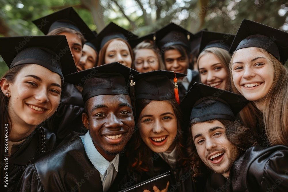 Happy diverse multiethnic graduates in black caps and gowns, huddled ...