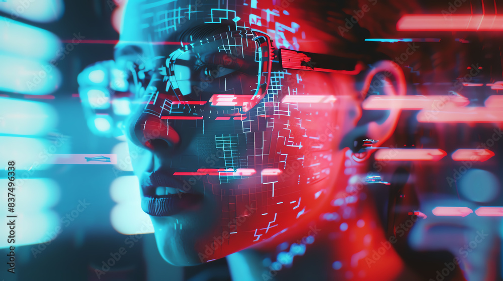 VHS glitch in scifi film, fragmented scenes, neon hues, side view ...