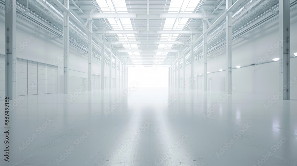 Industrial white warehouse with high ceilings and an empty floor plan ...