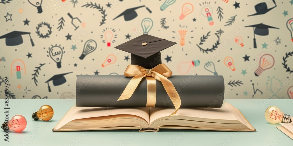 Elegant graduation scene showcasing a diploma tied with a gold ribbon ...