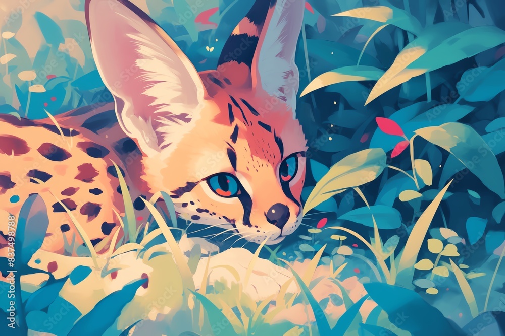 Super cute illustration of a serval hunting, vibrant colors, soft focus ...