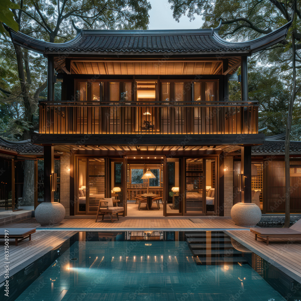 Elegant Chinese-inspired wooden house with pool Stock Illustration ...