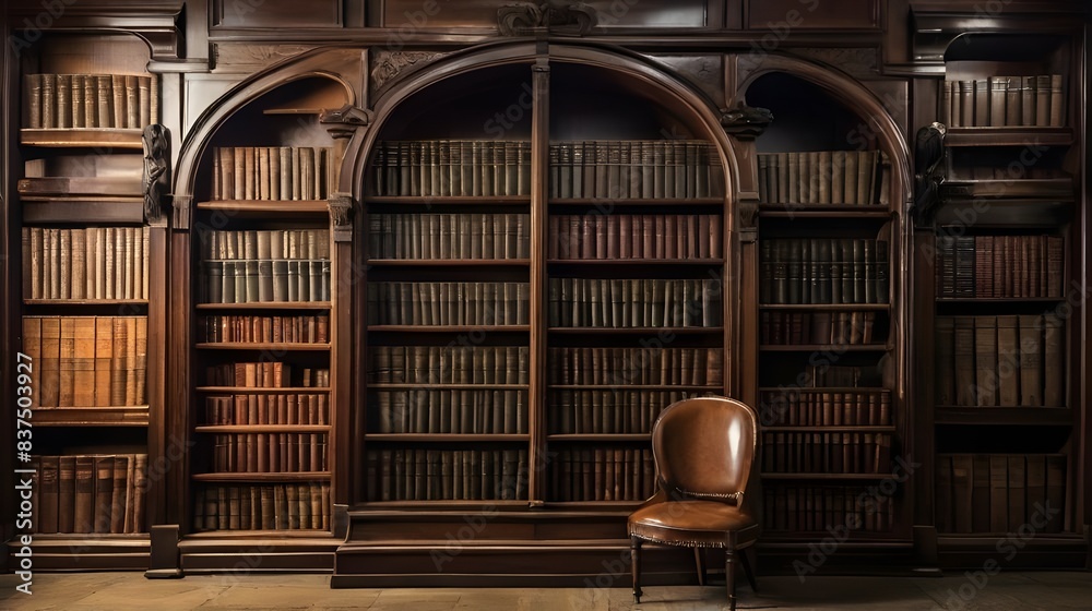 a vintage library with wooden bookshelves filled with old books, built ...