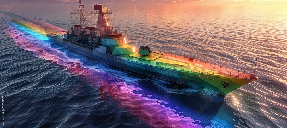 Destroyer ship with rainbow colorful light effect. LGBT pride gender ...