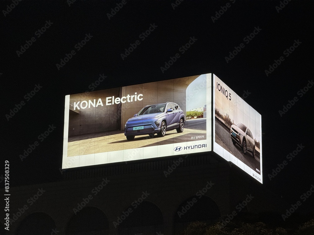 Jeju, South Korea-May 24th 2024:Hyundai Kona Electric car advertising ...