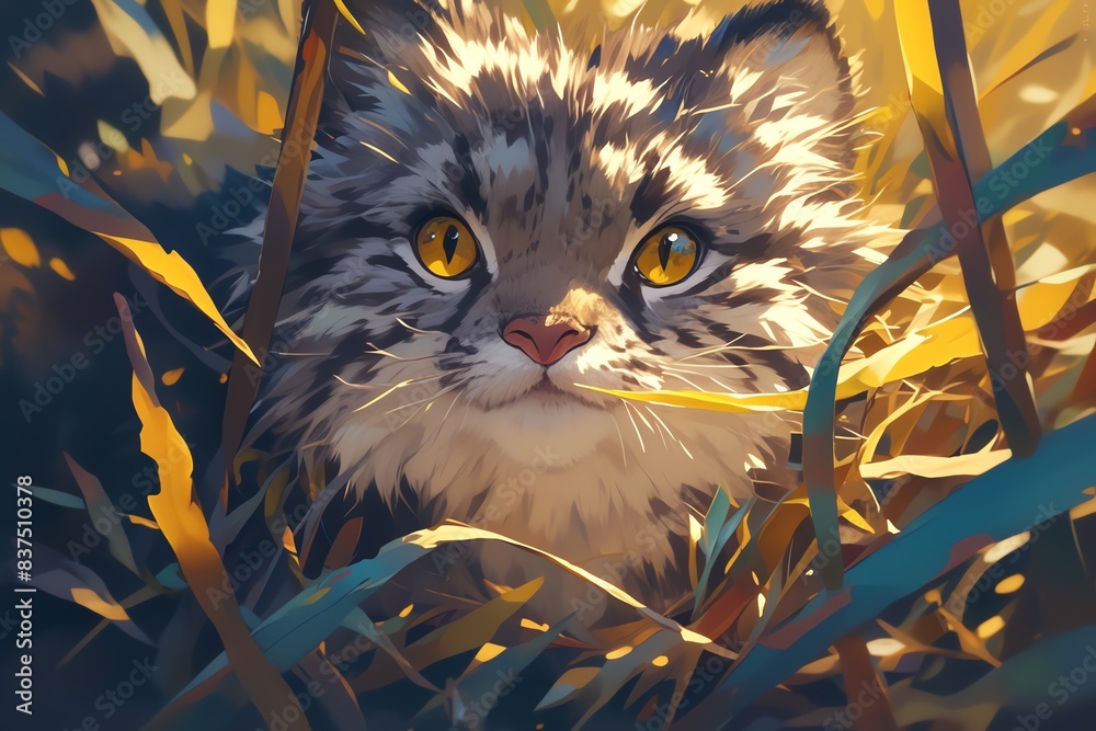 Super cute illustration of a pallas cat hiding, vibrant colors, soft ...