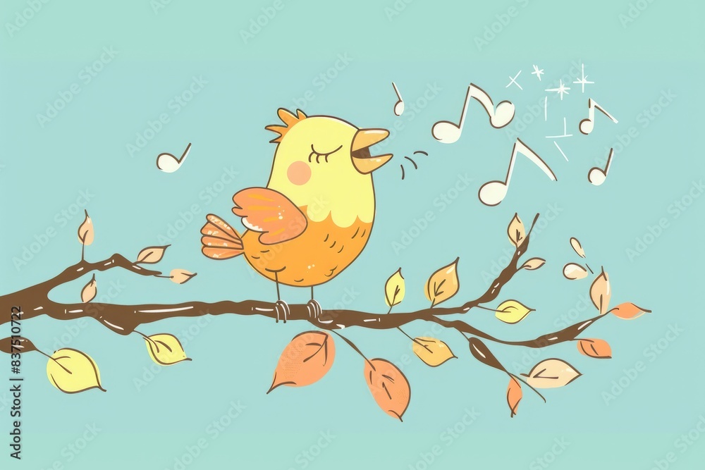 Cartoon cute doodles of a chirpy bird singing atop a tree branch, with ...