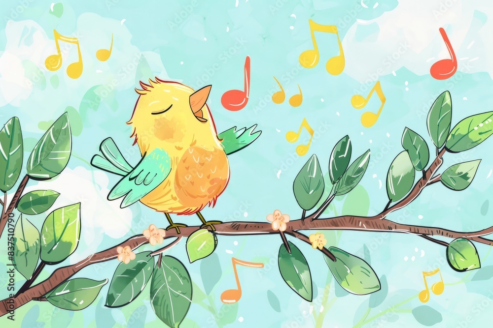 Cartoon cute doodles of a chirpy bird singing atop a tree branch, with ...