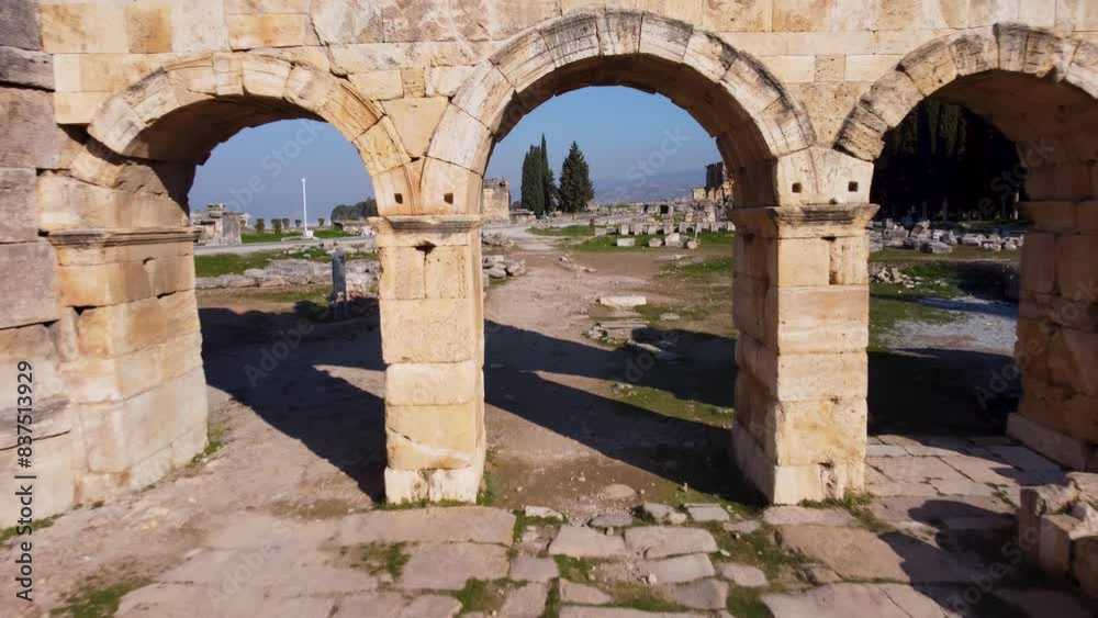 Historic arched city gates to the ruins on Main Street promenade ...
