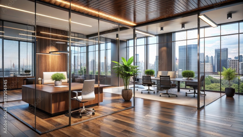 Sleek modern office center interior featuring minimalist decor, floor ...