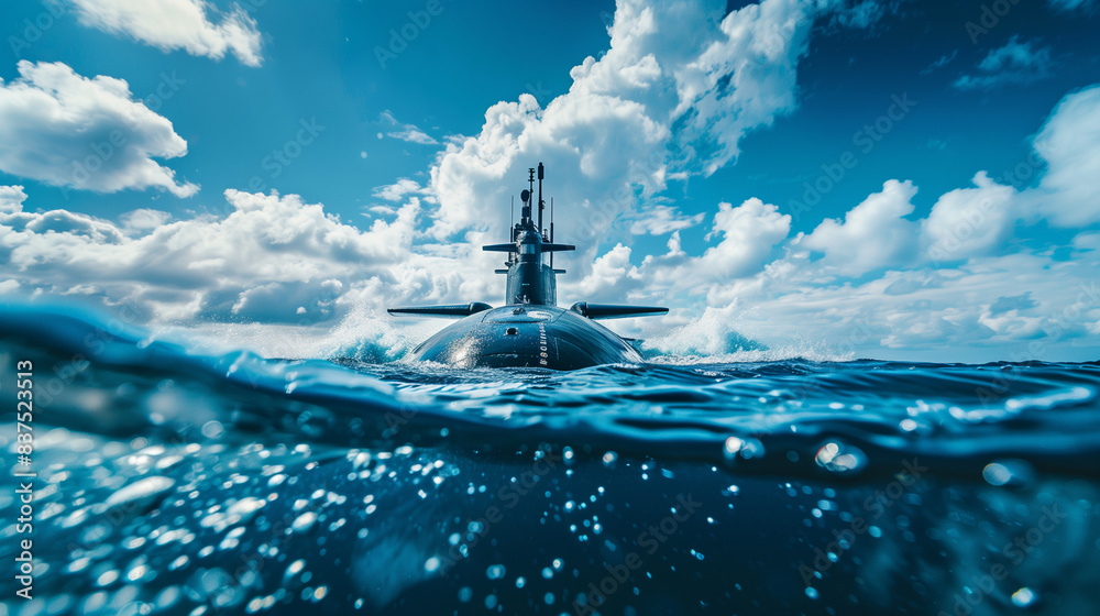 Submarine in the middle of the sea, the details of the ship are clearly ...