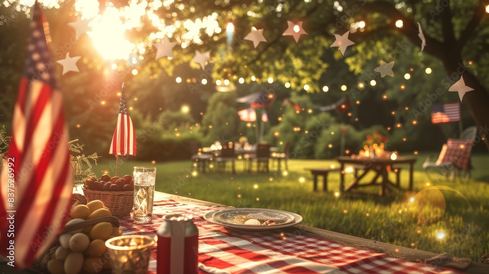 Patriotic picnic table with American flag - An idyllic outdoor setting ...