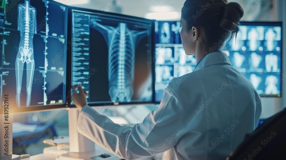 A radiologist sits attentively behind a computer monitor, analyzing a ...