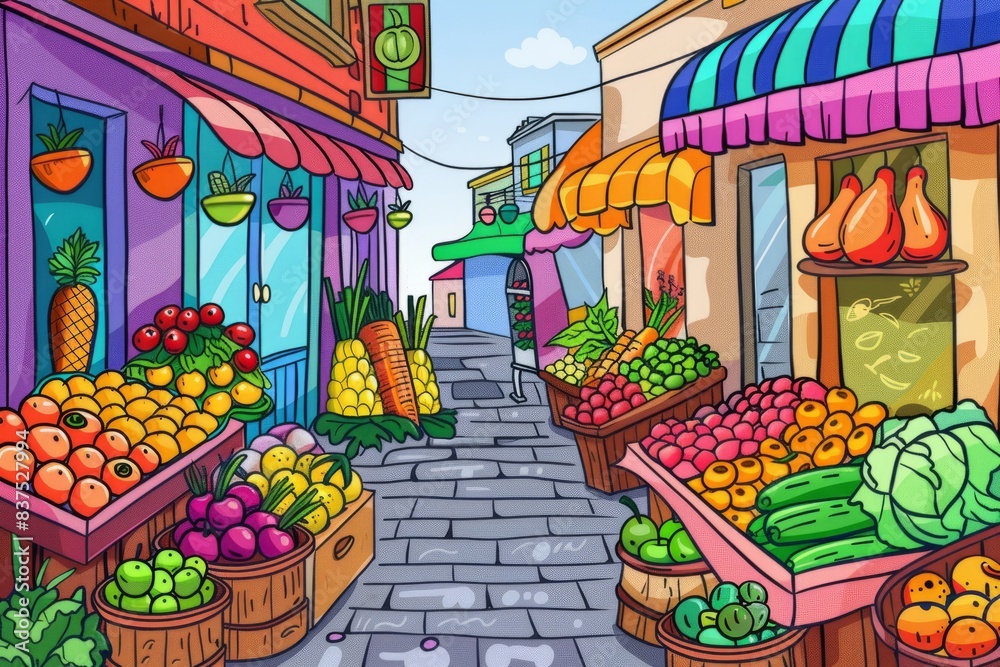Cartoon cute doodles of a vibrant street market with colorful stalls ...