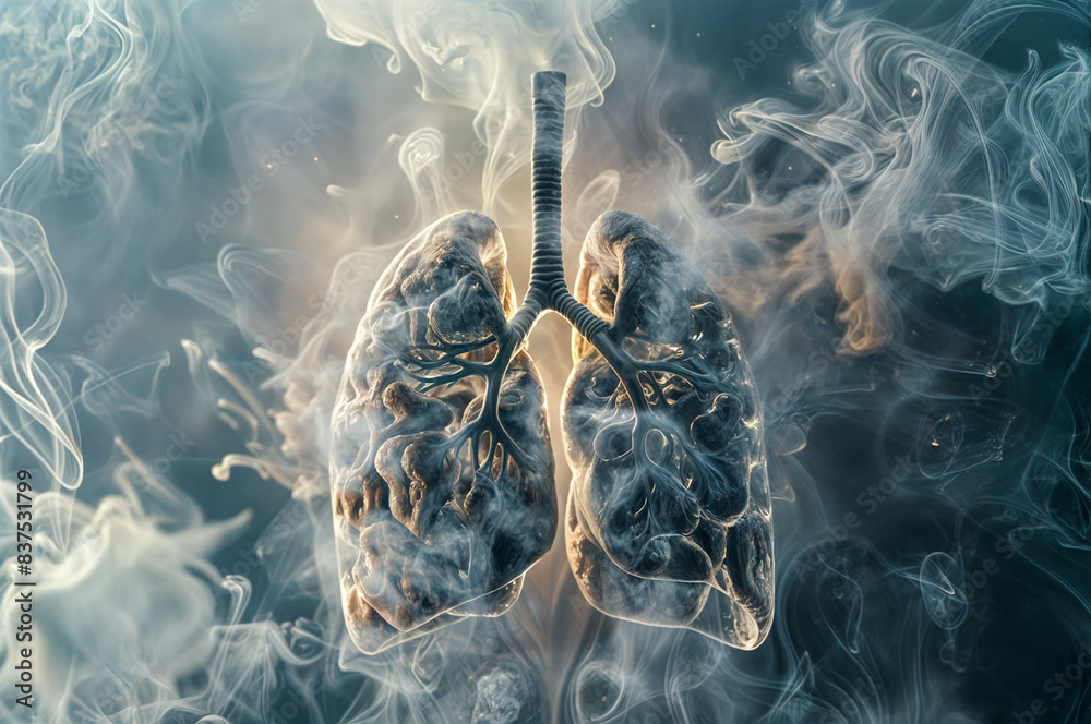 The image depicts lungs in a cloud of smoke, symbolizing breathing ...