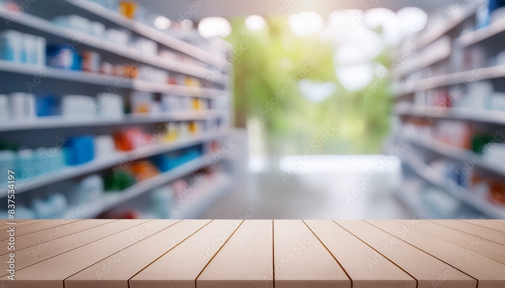 shelf in pharmacy, Pharmacy rustic an empty light wooden table counter ...