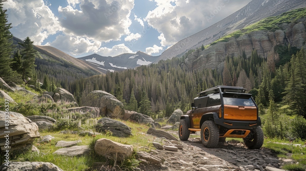Electric-powered off-road vehicles exploring rugged terrain in remote ...
