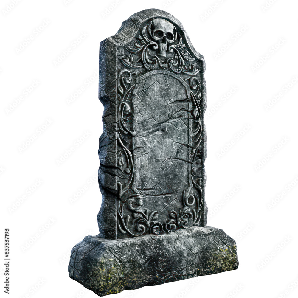 Ornate ancient tombstone with skull engraving, isolated on a white ...