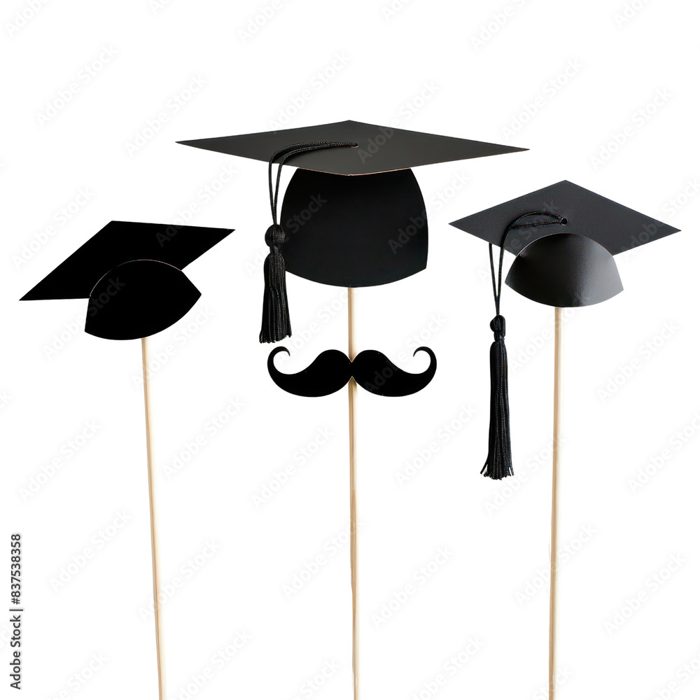 Graduation photo booth props with black caps, mustache, and eyeglasses ...