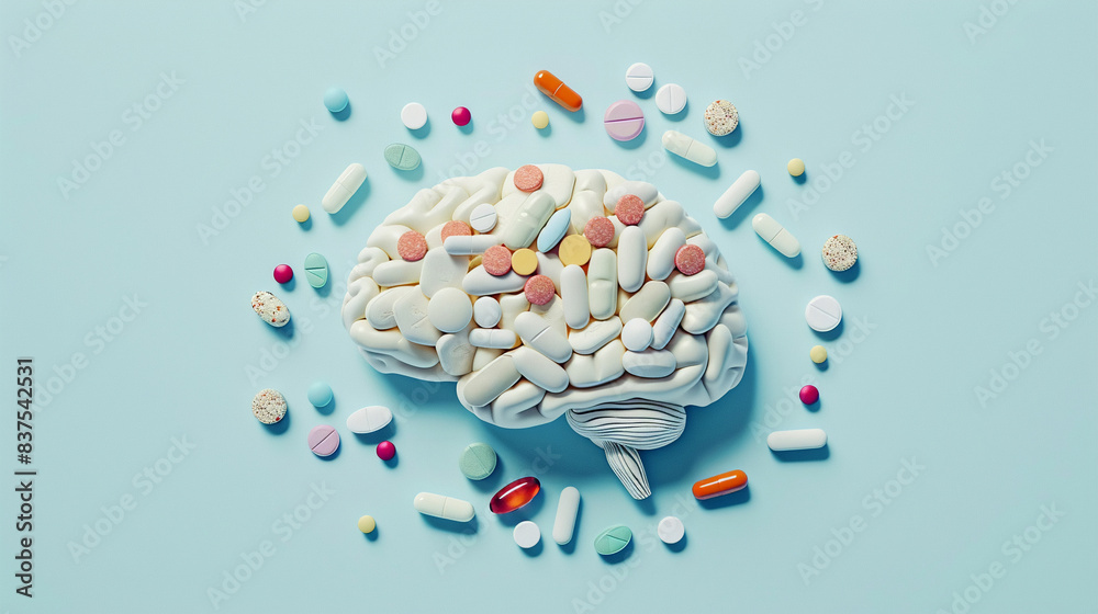 Human brain conceptually composed of various medication pills on a ...