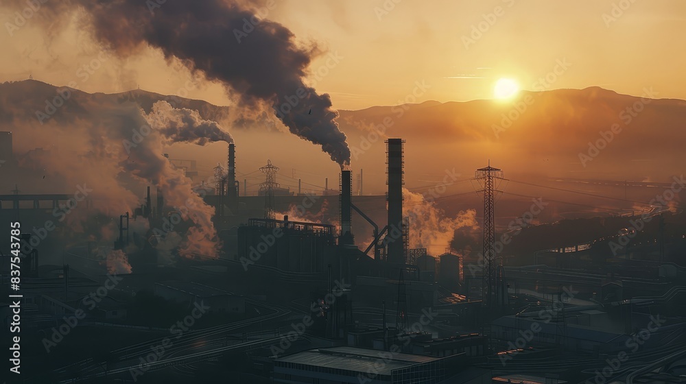Polluted industry skyline against morning sun - Sun rises behind ...