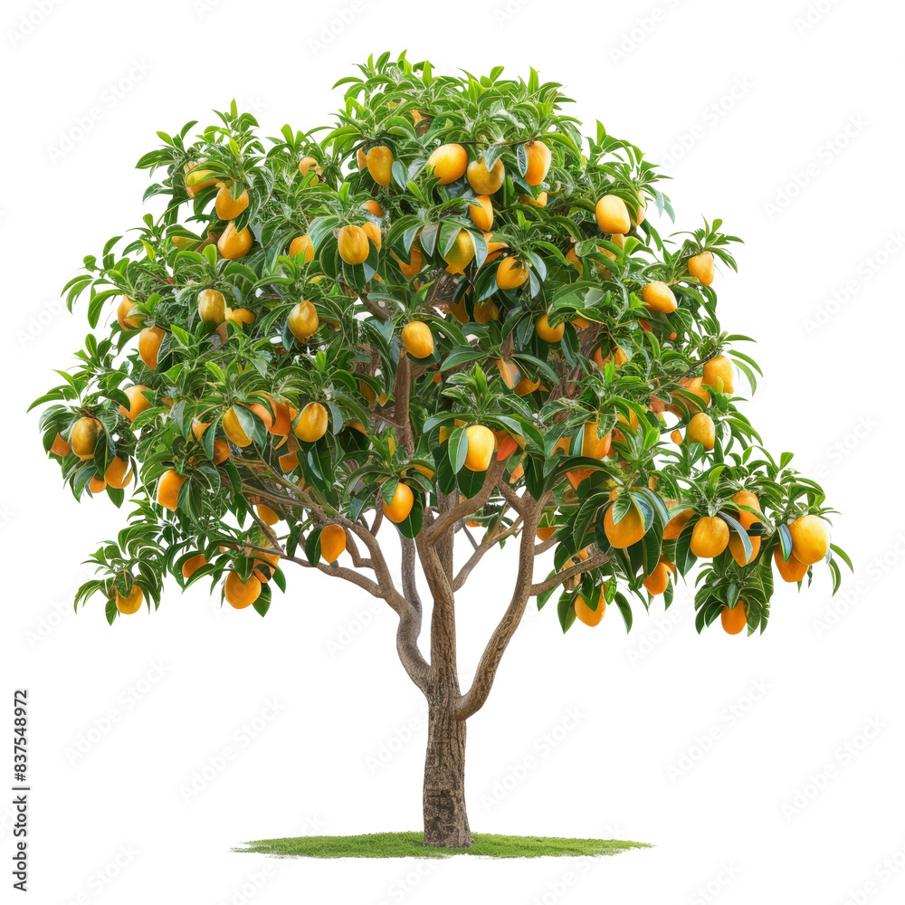 Lush green mango tree laden with ripe yellow mango fruits against a ...