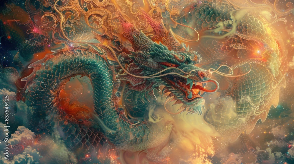 Bizantine Art style, cosmic mind, a beautiful japanese dragon. Oneness ...