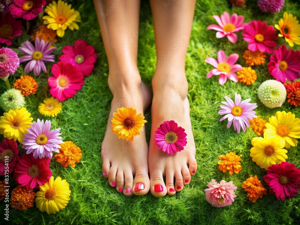 Legs stepping on vibrant flowers with smooth and silky skin on the feet ...