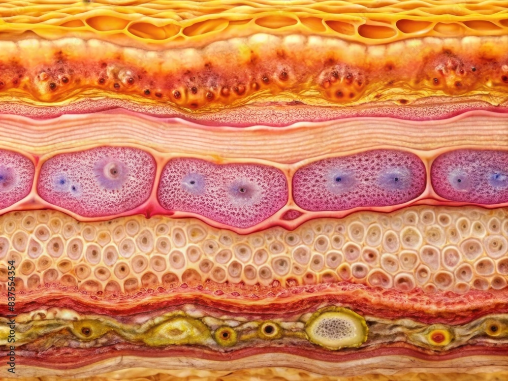 Extreme close-up of skin layers (epidermis, dermis, and fat layer ...