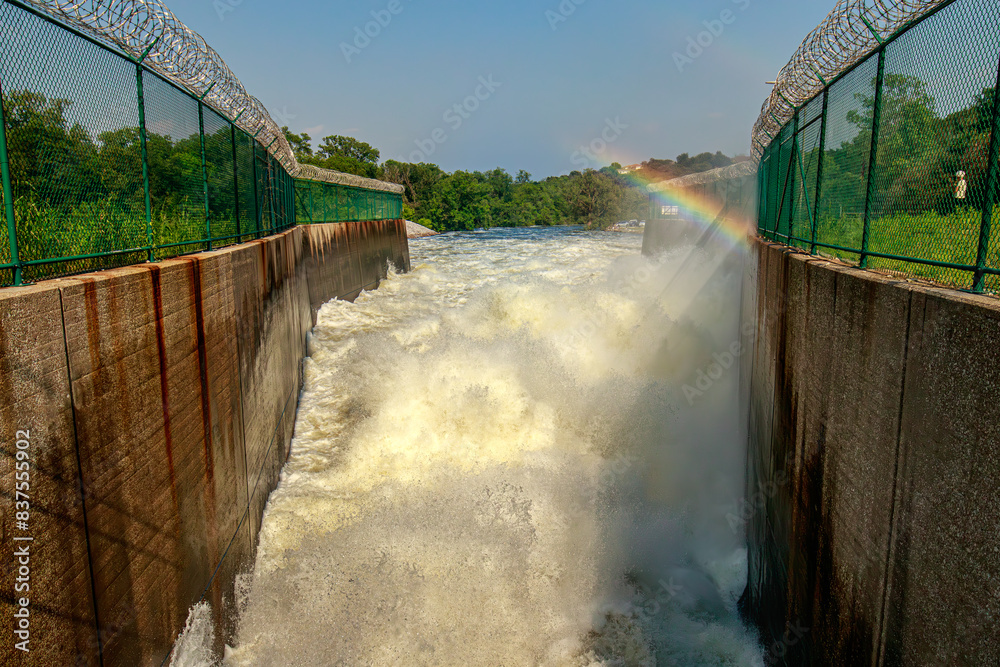 Powerful water discharge from the Belton Lake Reservoir spillway in ...