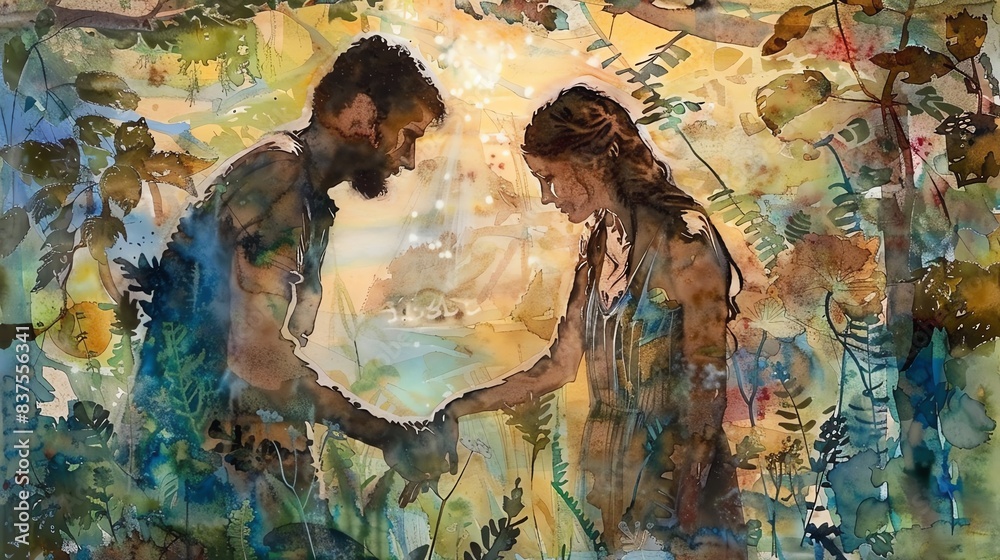 Adam and Eve in the Garden of Eden, watercolor, pastel earth tones ...