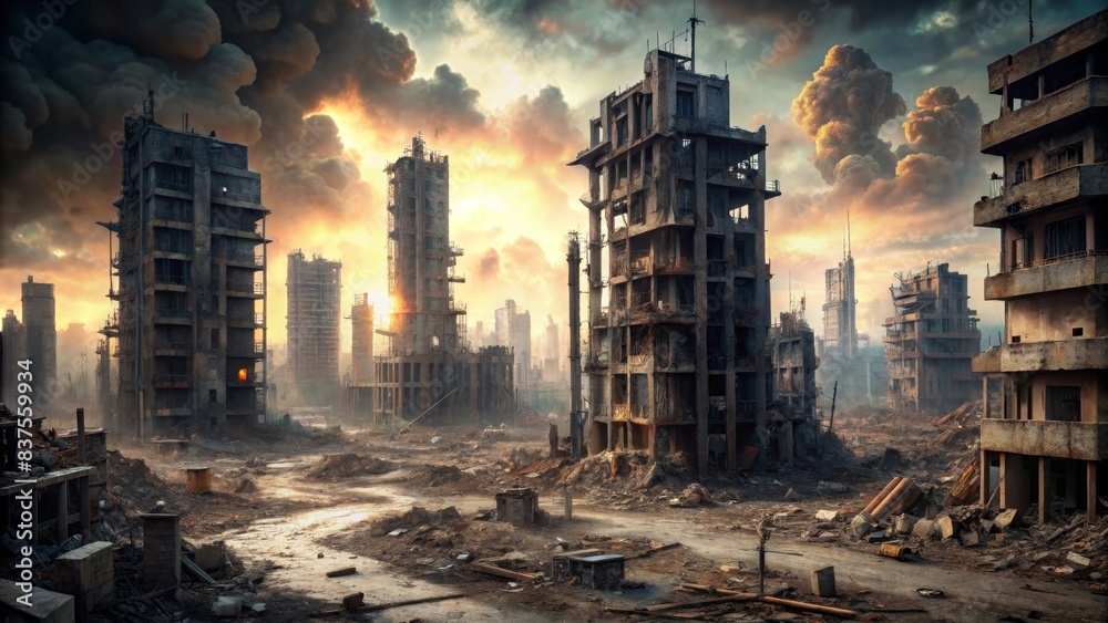 Ruins of a modern city destroyed by a nuclear blast, with blackened ...