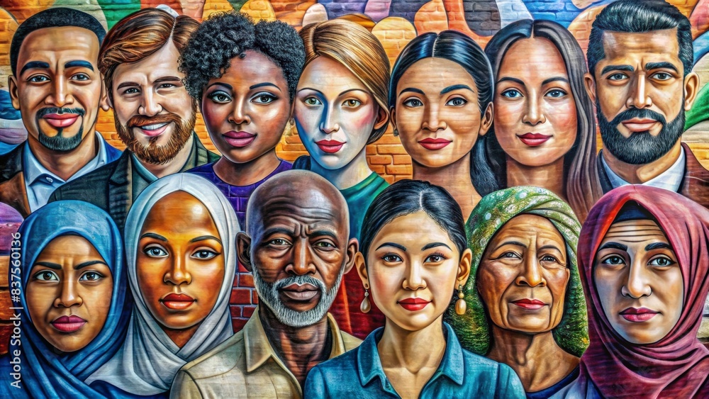 Mural depicting unity amid diversity with faces of various ethnicities ...
