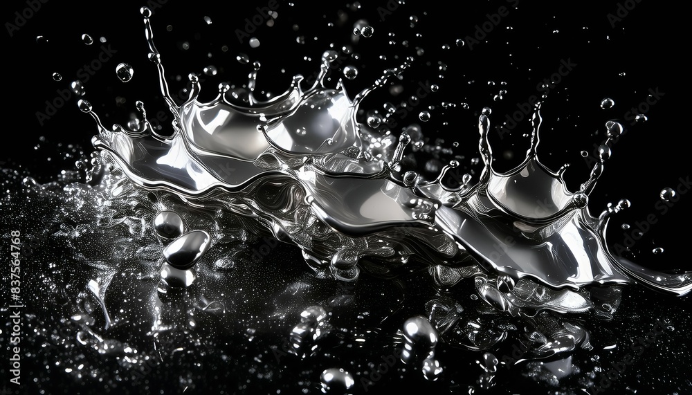 Dynamic silver liquid splashes across a black background, creating a ...