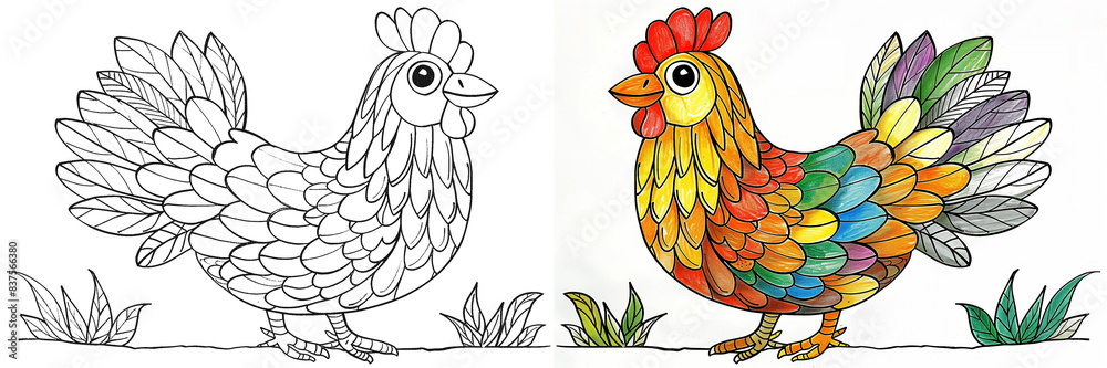 Roaster coloring page with colorful reference, a black and white ...