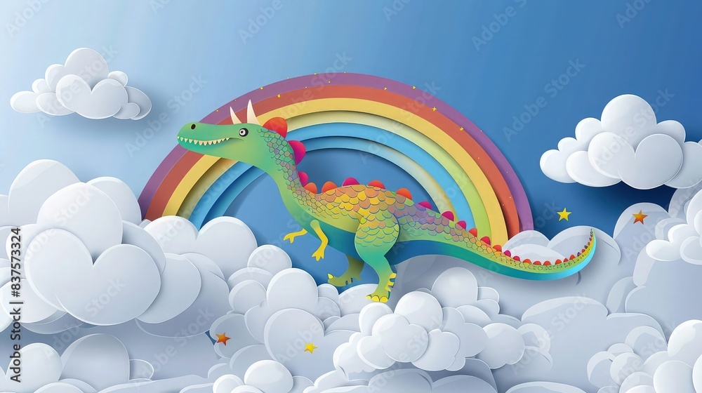 A friendly dinosaur with colorful scales joyfully sliding down a ...