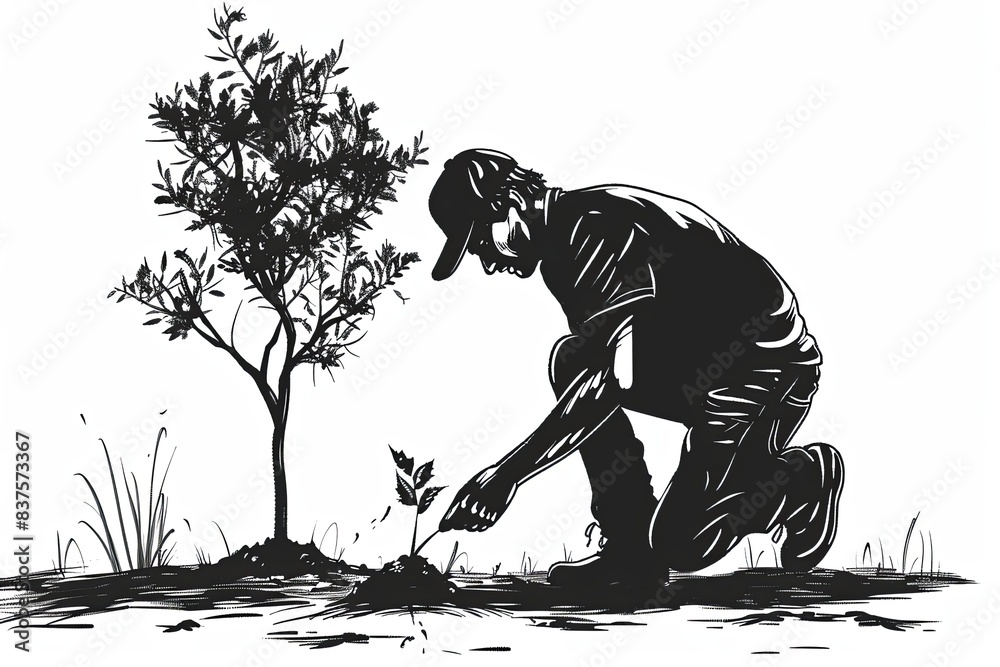 Tree planting flat design side view conservation theme cartoon drawing ...