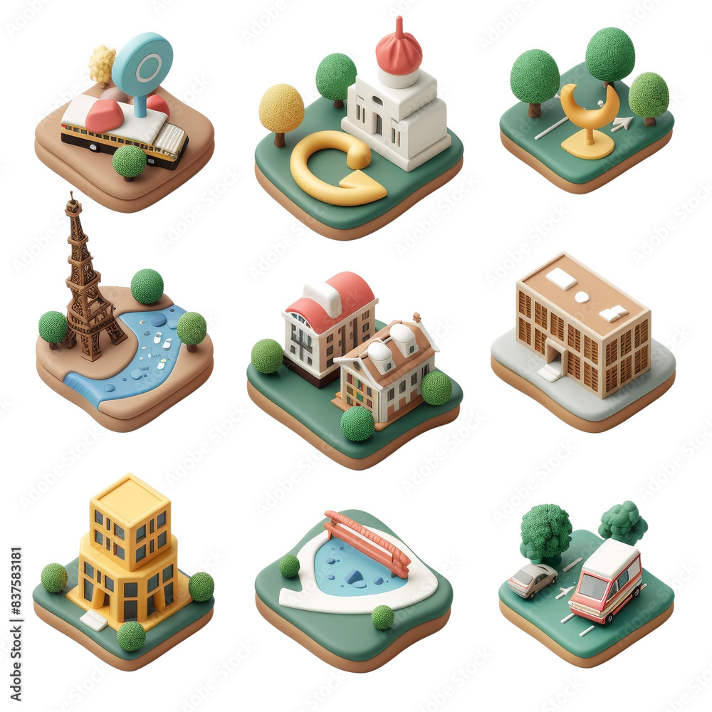 3D isometric icons set of city elements including buildings ...