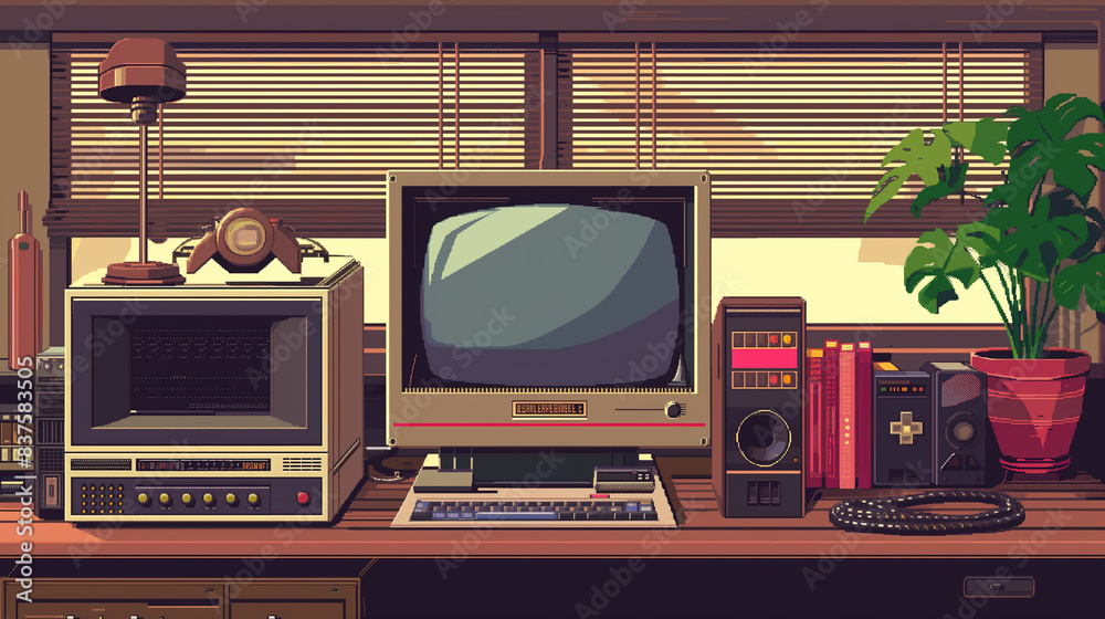 Pixel art, vintage items, cassette tapes, old computers, nostalgic ...