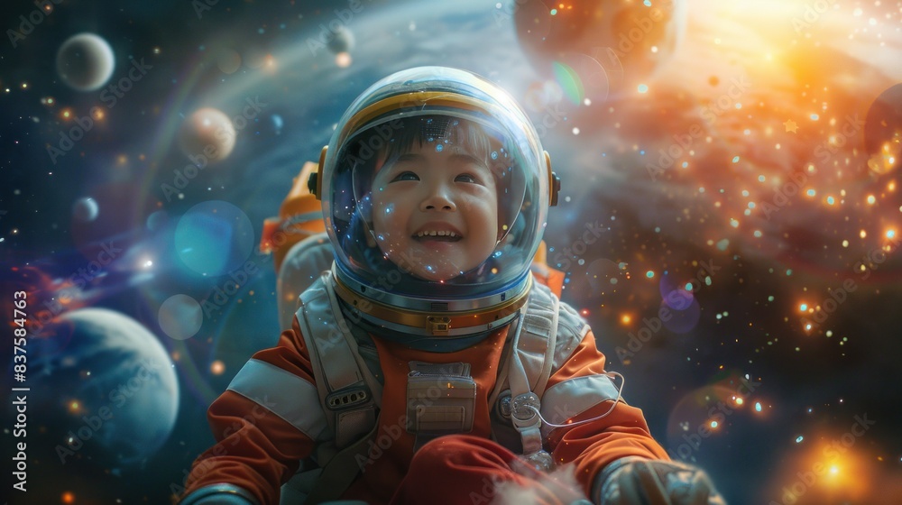Happy Asian Boy Wearing Spacesuit Riding Fairy Tale Like Toy Rocket ...