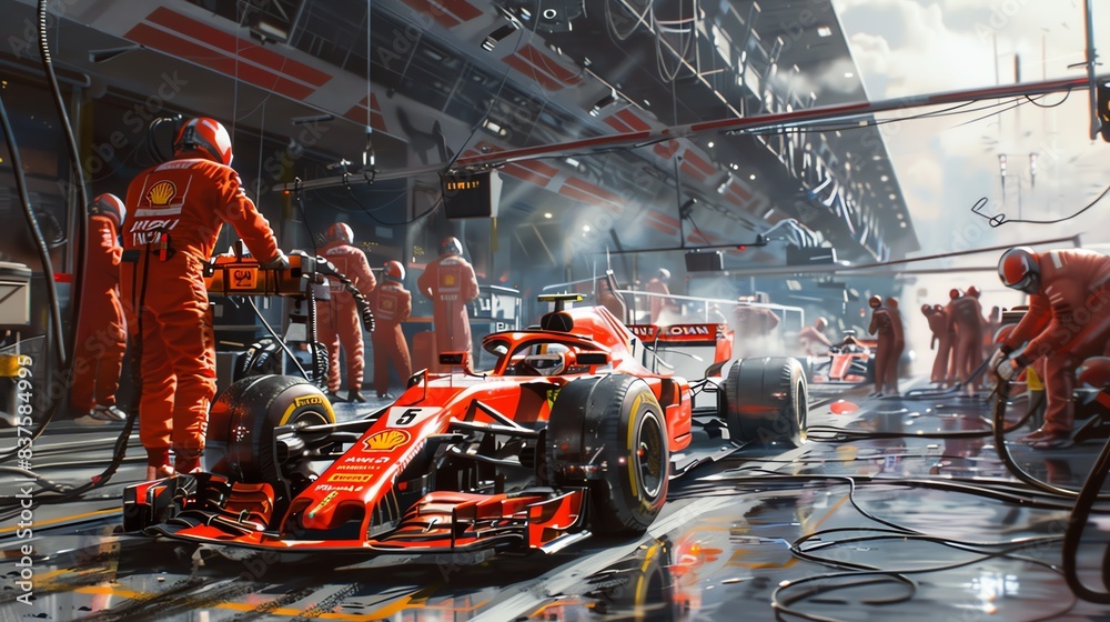 The image shows a Formula 1 car in a pit stop. The car is surrounded by ...
