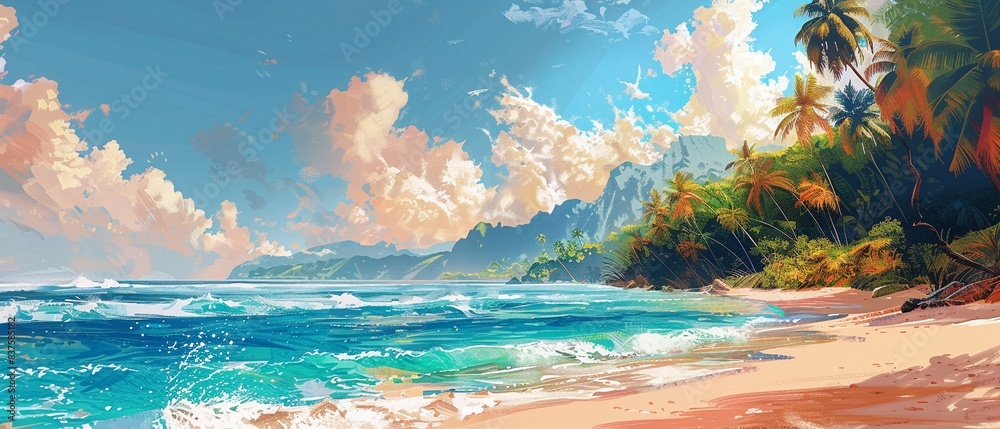 Colorful Caribbean shore, graphic wave design, trip menu with vibrant ...