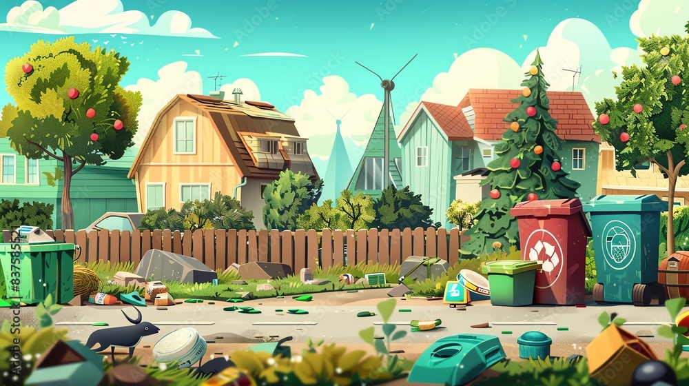 A messy backyard with a broken fence, an overflowing trash can, and a ...