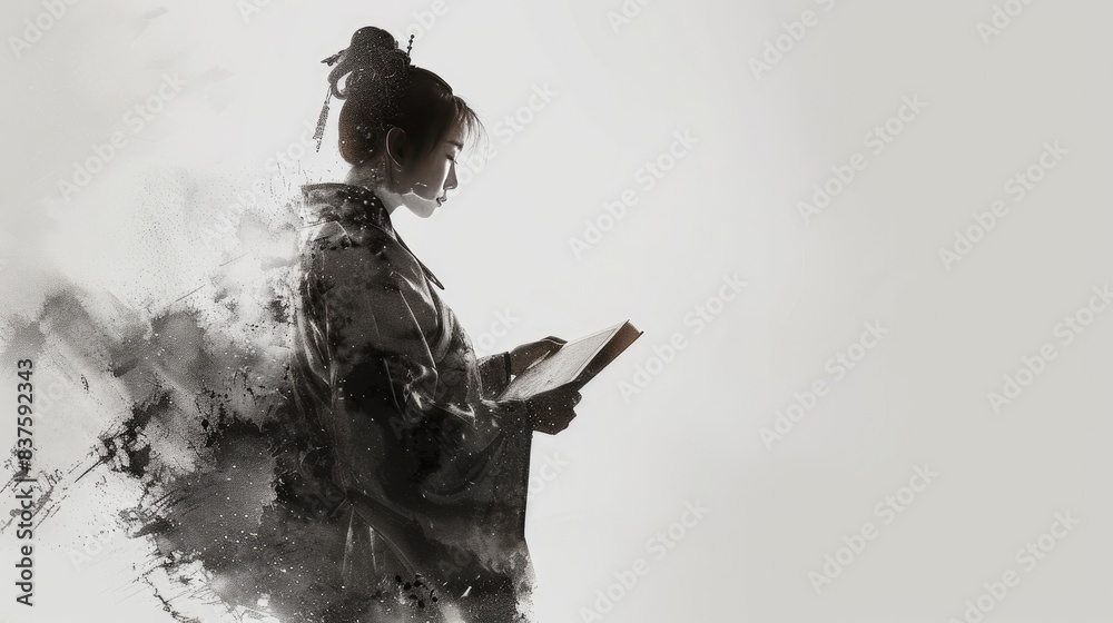 Ancient Chinese literati, holding a book in hand, standing to read ...