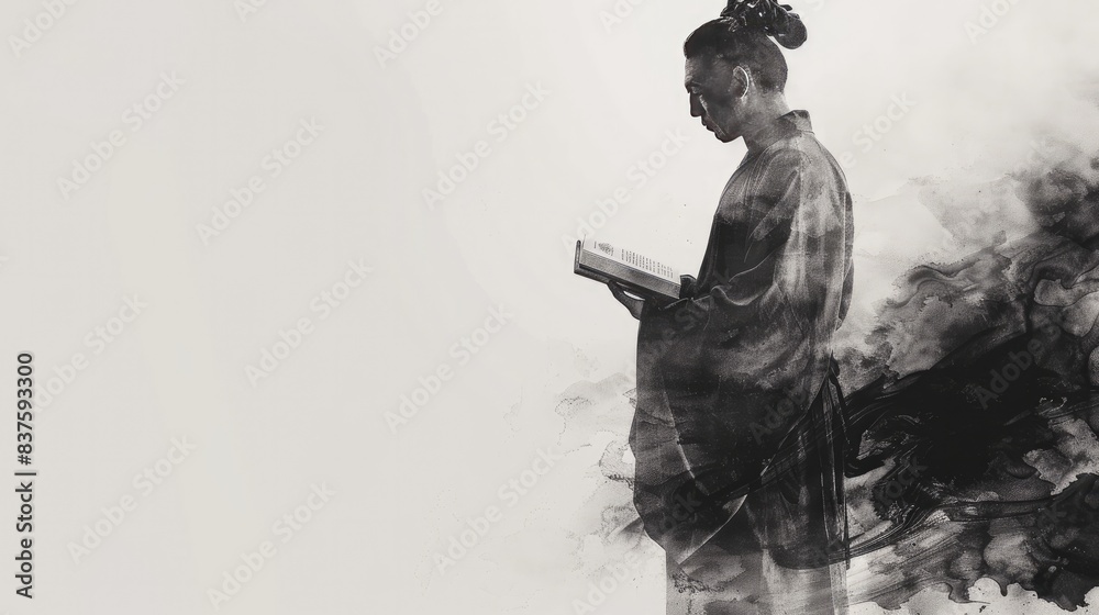 Ancient Chinese literati, holding a book in hand, standing to read ...