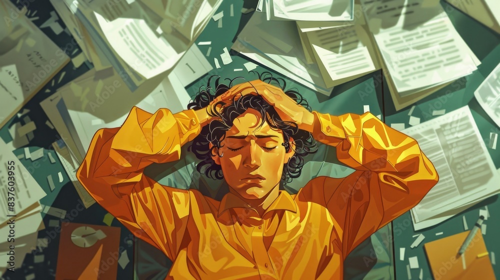 An image of a person holding their head in their hands, their eyes ...