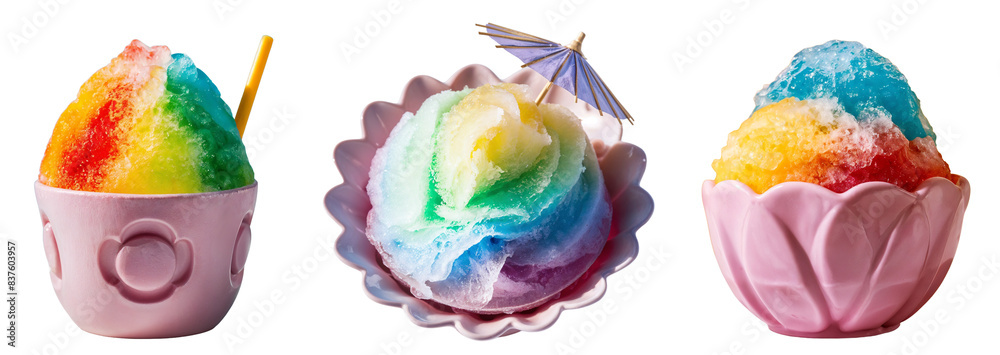 Colorful Rainbow Hawaiian Shaved ice in the flower-shaped bowl with ...