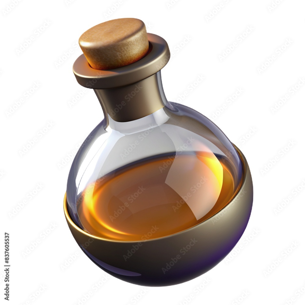 Glass bottle filled with potion liquid Gold liquid swirling inside ...